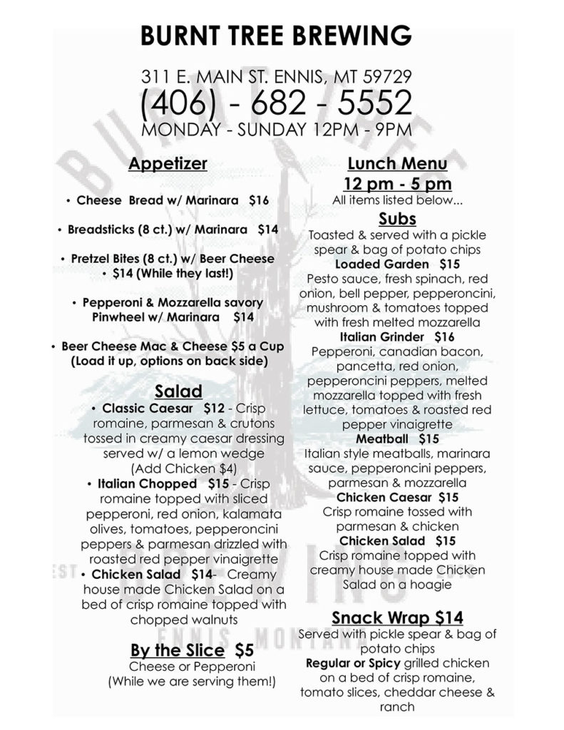 Menu - Burnt Tree Brewing - Ennis, MT